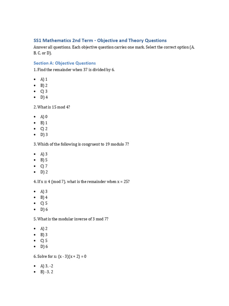 SS1 Mathematics Complete Questions | PDF | Mathematics | Geometric Shapes