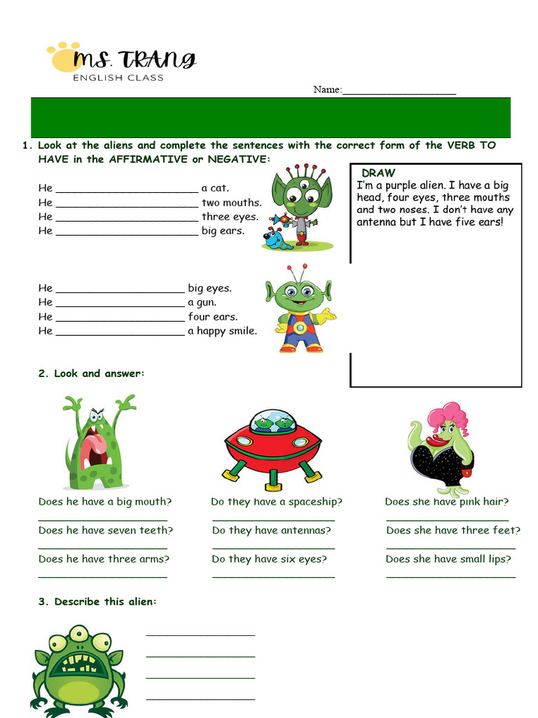 Alien Descriptions and Verb Practice | PDF