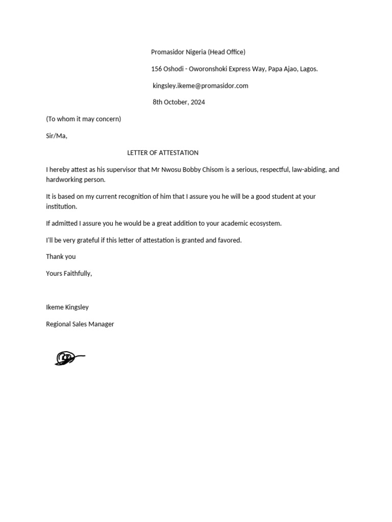 Supervisor Attestation Letter Sample | PDF