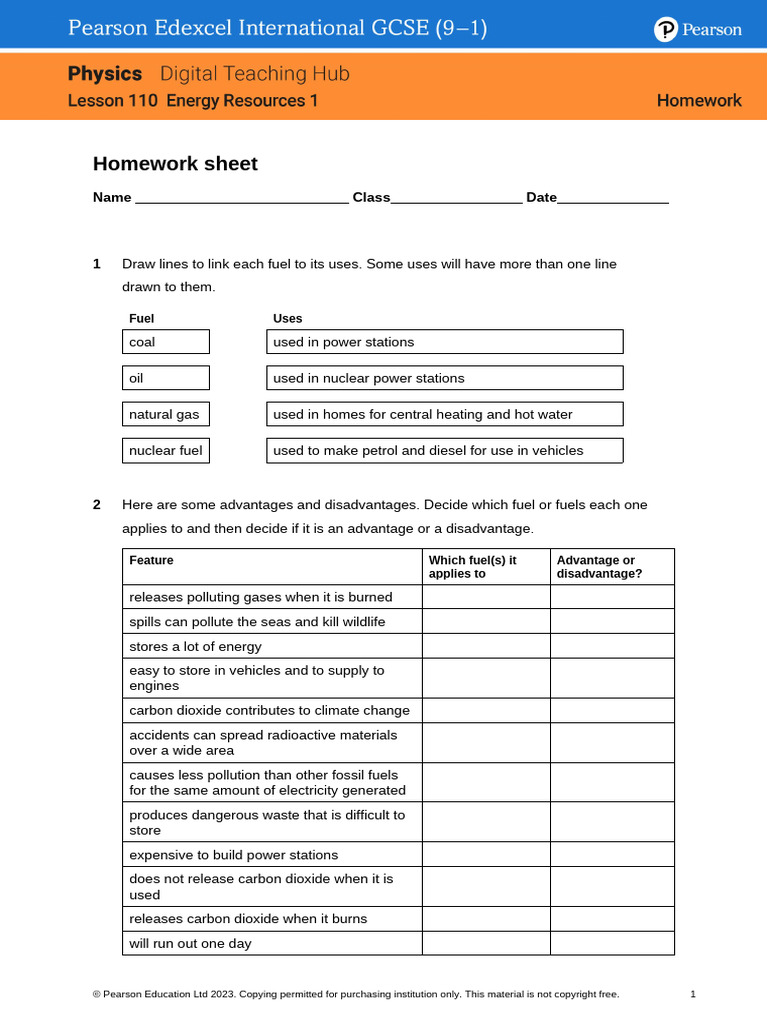 Ig - Physics - Lesson110 - Homework Sheet | PDF | Fuels | Fossil Fuels