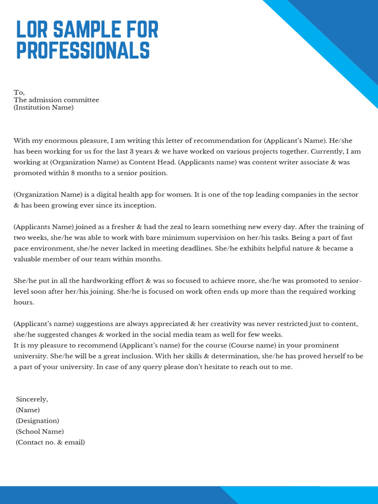 LOR Sample For Professionals | PDF