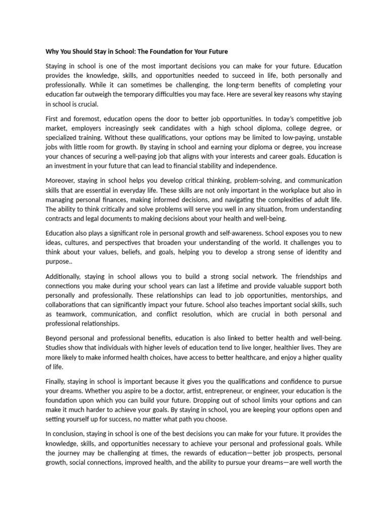 Why You Should Stay in School | PDF | Critical Thinking | Learning