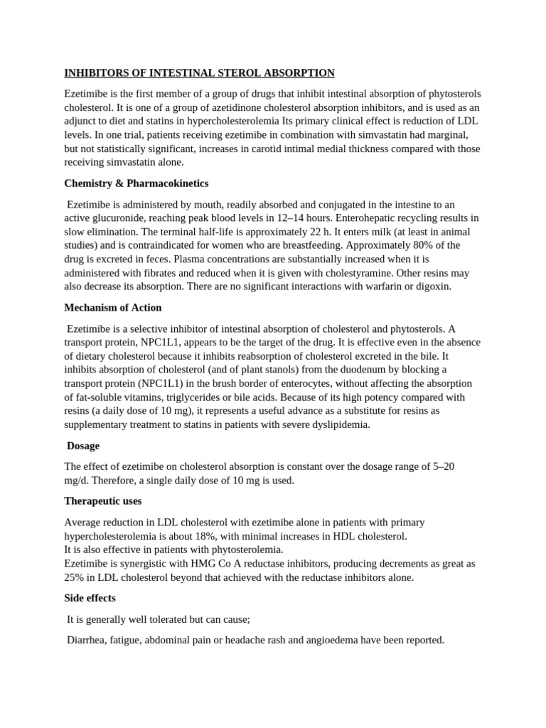 Ezetimibe: Cholesterol Absorption Inhibitor | PDF | Cholesterol | Drugs