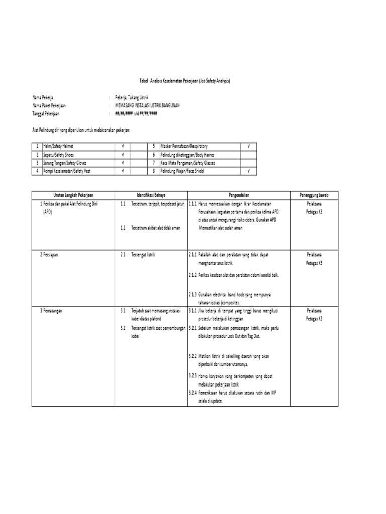 Tabel Jsa Elektrikal | PDF