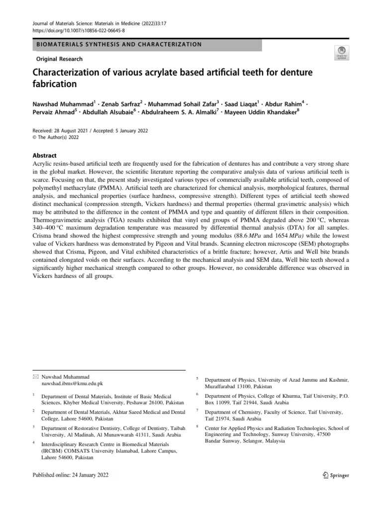 Characterization of Various Acrylate Based Artificial Teeth For Denture ...