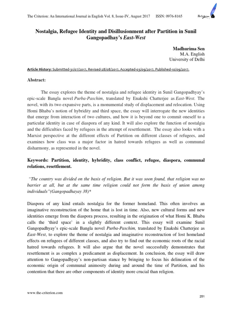 Nostalgia and Refugee Identity in East-West | PDF | Partition Of India ...