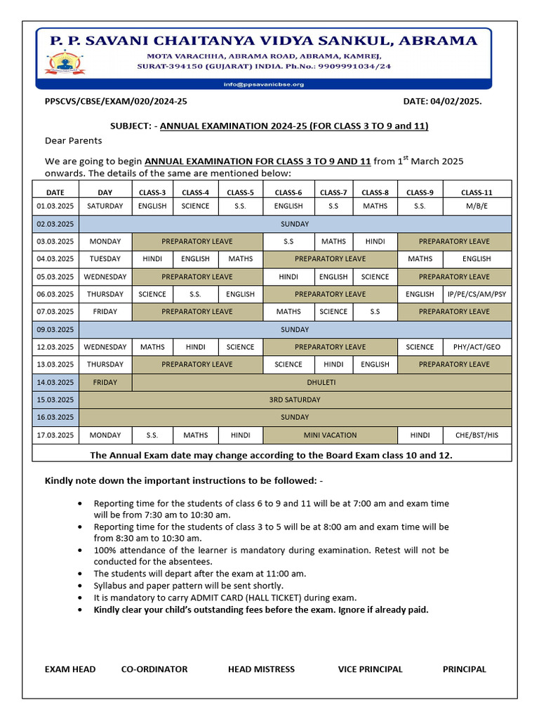 Annual Exam Schedule 2024-25 | PDF