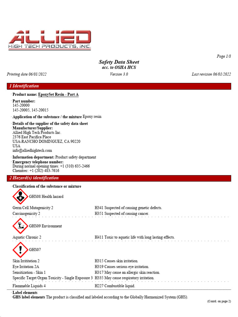 Epoxy Resin and Hardner - 2022 | PDF | Occupational Safety And Health ...