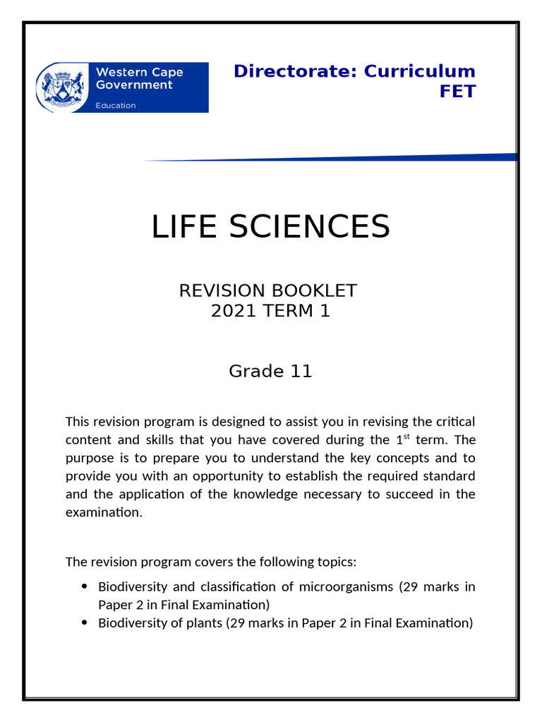 Grade 11 Life Sciences Revision Material Term 1 2025.2 | PDF | Sexual ...