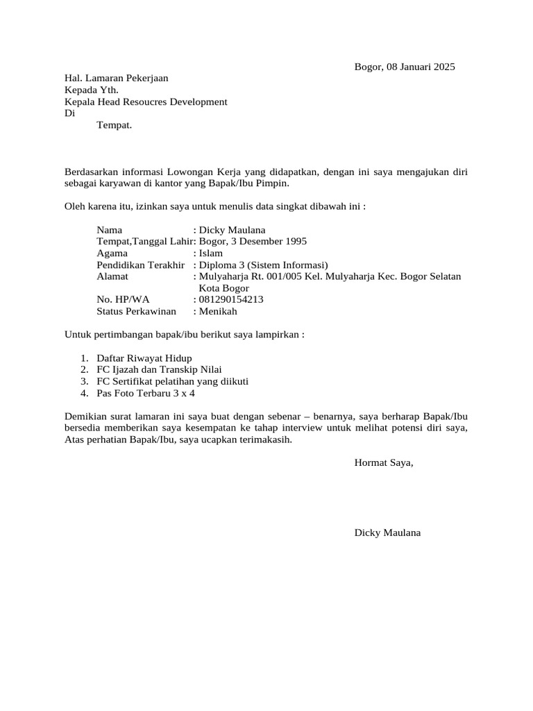 Lamaran Kerja Dicky Maulana | PDF