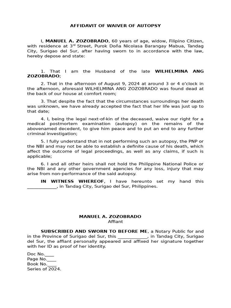 Affidavit of Waiver of Autopsy | PDF