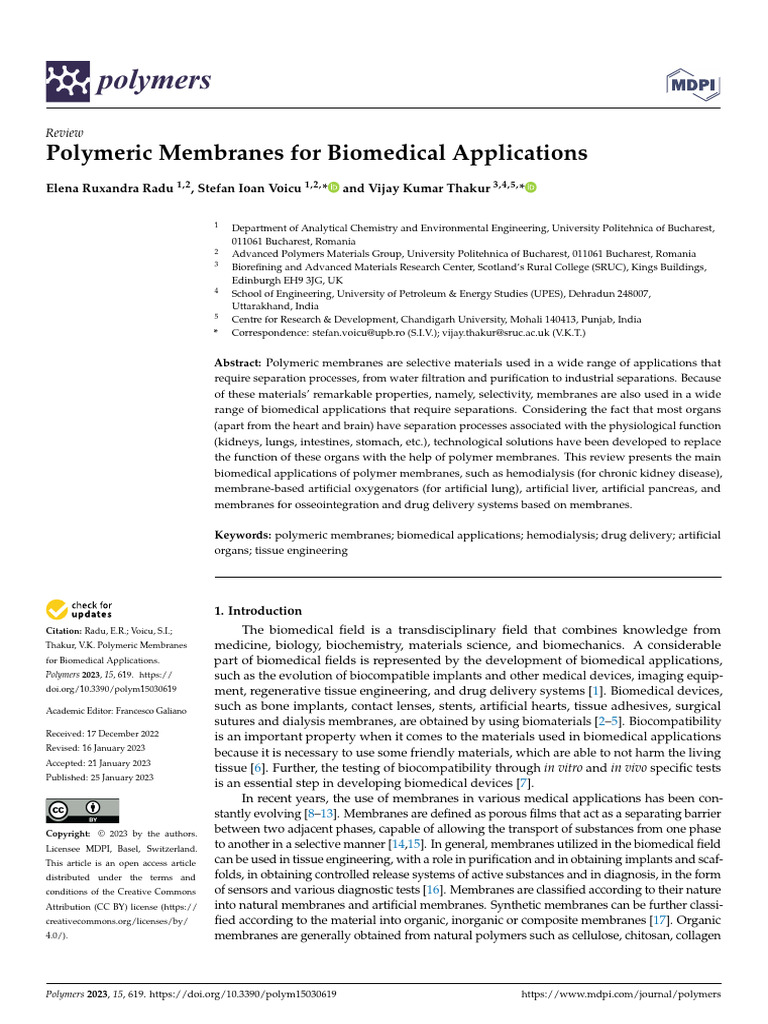 Polymeric Membrane For Biomedical Applications | PDF | Hemodialysis ...