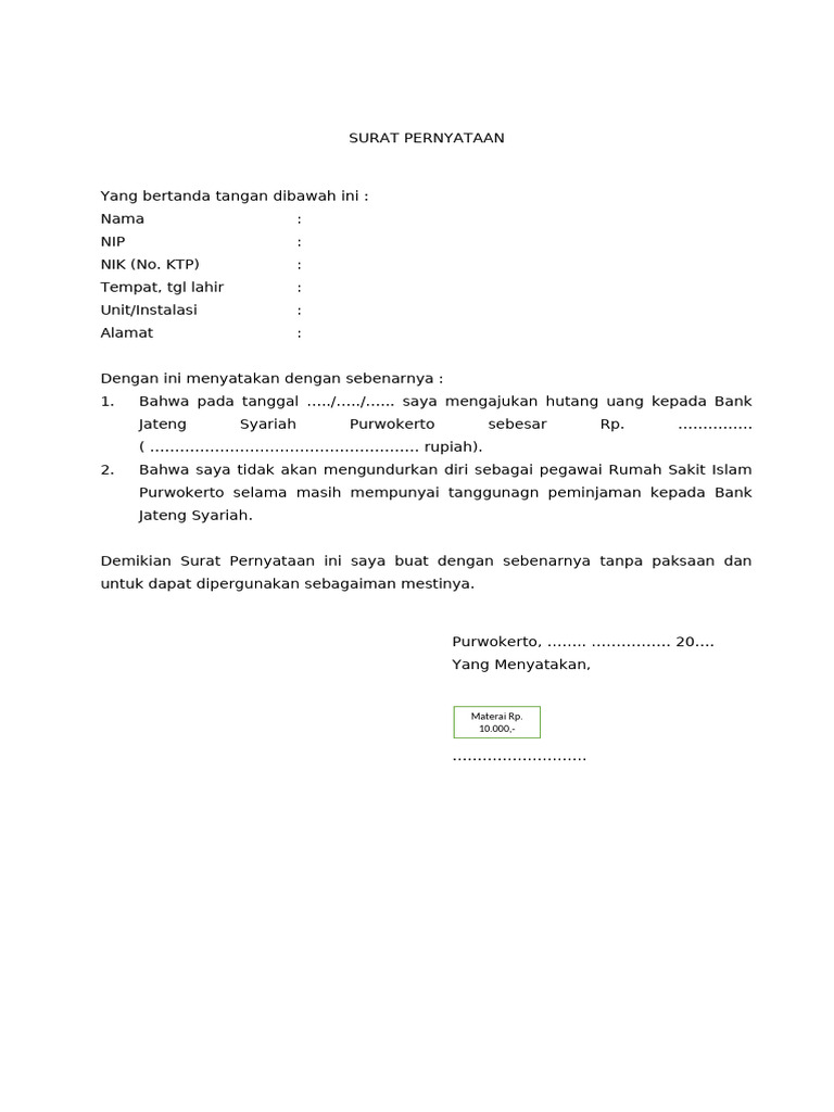 Surat Pernyataan Sanggup Melunasi Hutang BJS | PDF