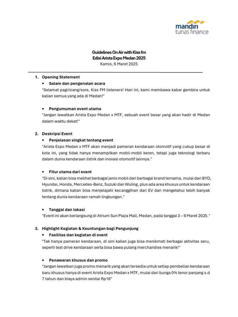 Guidelines On Air Promosi Kiss FM - Arista Expo Medan 2025 | PDF