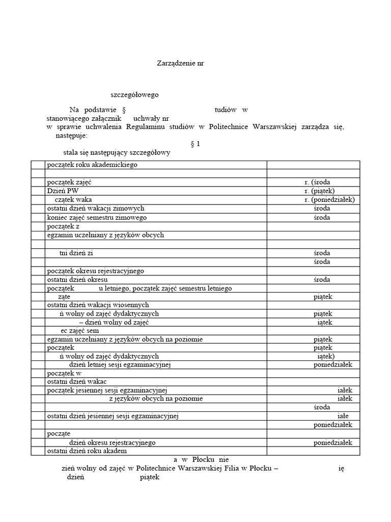 Harmonogram Roku Akademickiego 2024 2025 - Studia Stacjonarne | PDF