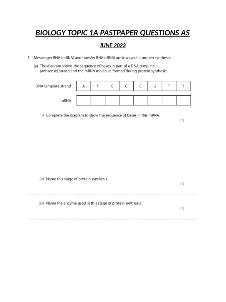Biology Topic 1a Pastpaper Questions As | PDF