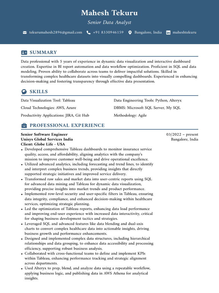 Senior Data Analyst Resume - Mahesh Tekuru | PDF | Data Management | Information Technology