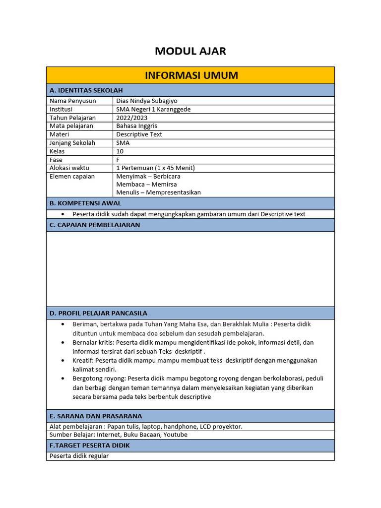 Modul Ajar Descriptive Text - A320210048 - Dias Nindya Subagiyo - Micro Teaching C | PDF