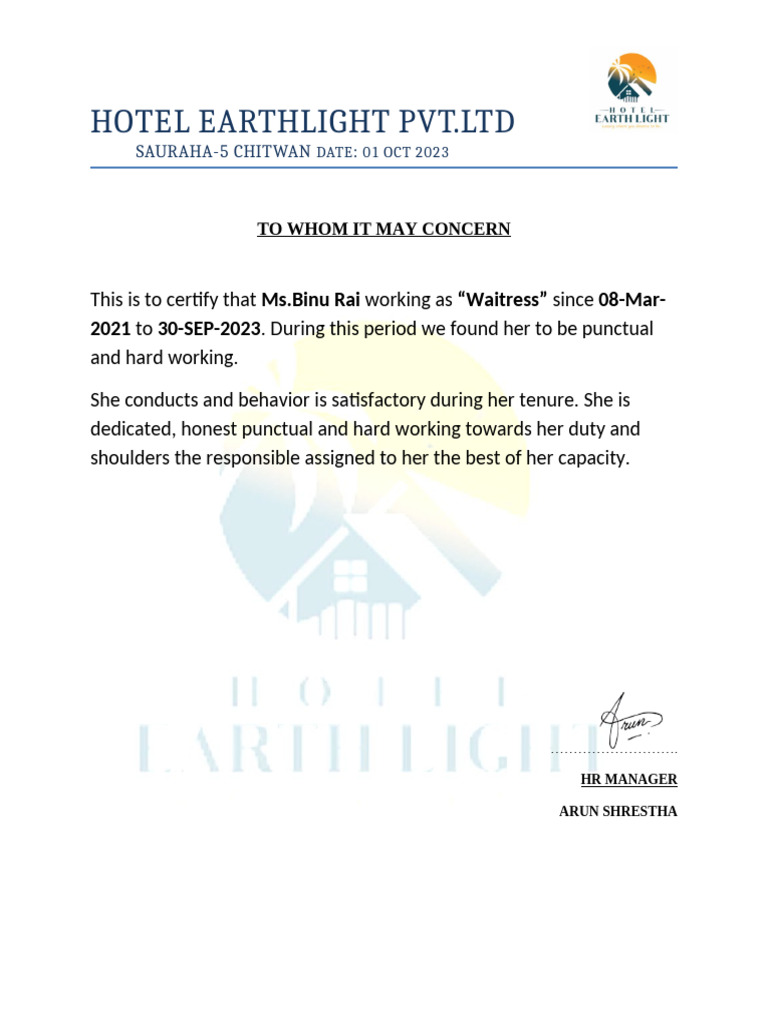 Hotel Experience Certificate | PDF