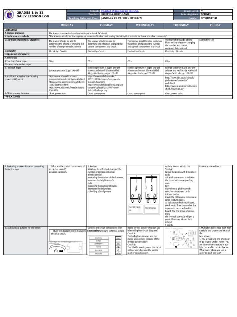 DLL - Science 5 - Q3 - W7 | PDF | Switch | Electrical Network