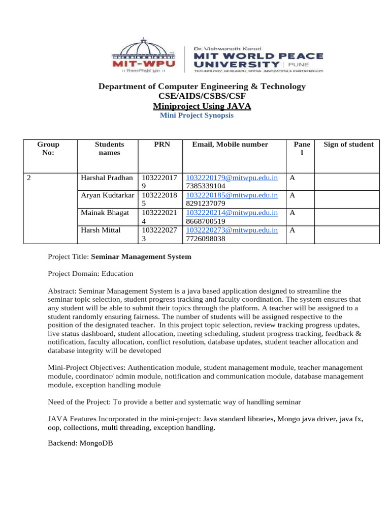 m Pj Project Synopsis Final | PDF | Java (Programming Language) | Computing