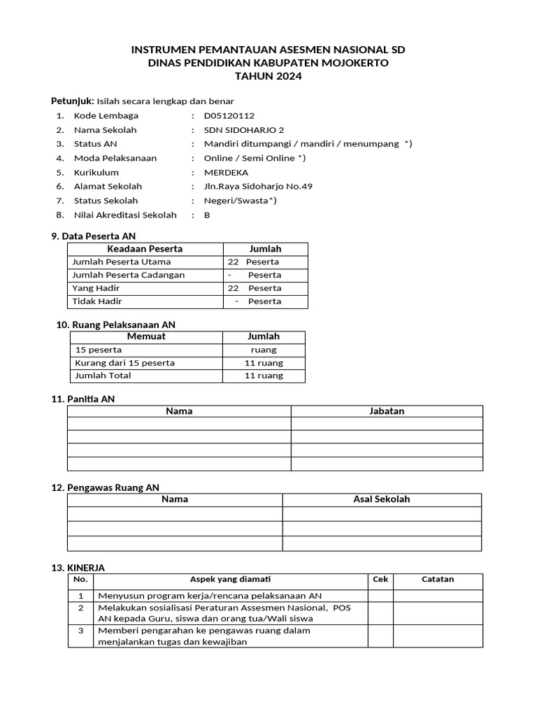 5 Instrumen Monev AN SD Kab. Mojokerto 2024 | PDF
