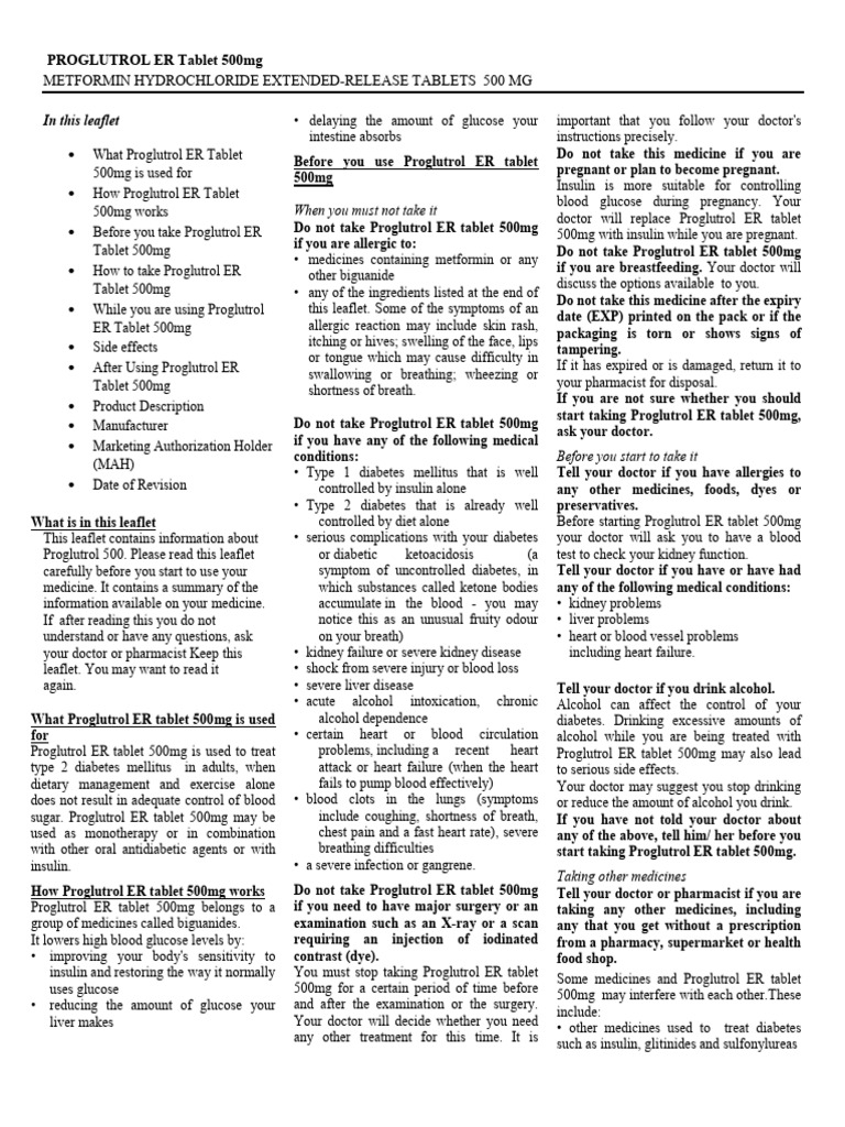 Proglutrol ER Tablet 500mg (Metformin) - Healol Mac-2013 | PDF ...