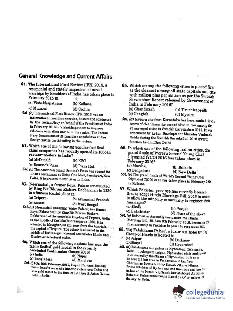 NCHMCT JEE 2016 set A Question Paper-General Knowledge | PDF