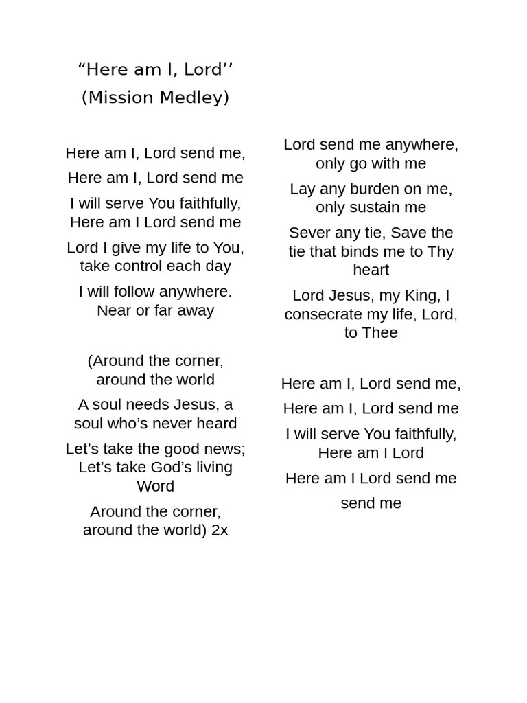 Here Am I, Lord: Mission Medley Lyrics | PDF