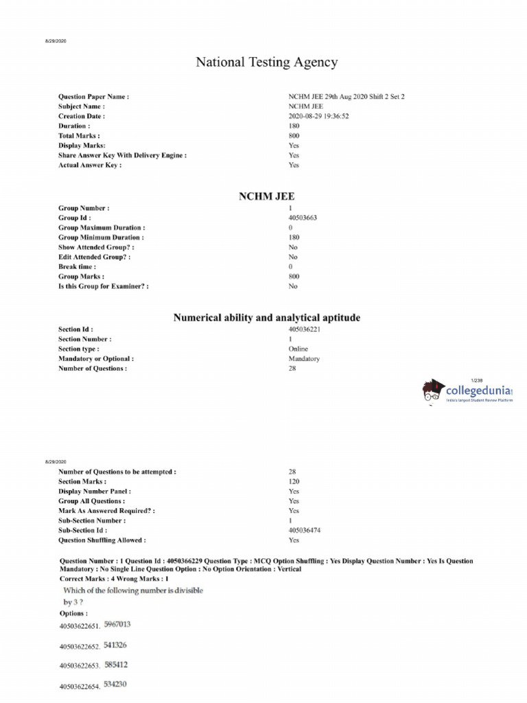 NCHMCT JEE 2020 Question Paper | PDF
