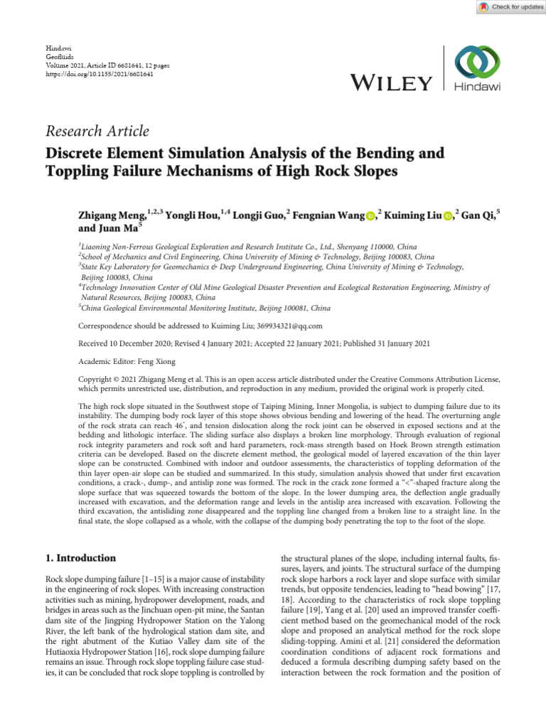 Geofluids - 2021 - Meng - Discrete Element Simulation Analysis of The Bending and Toppling ...