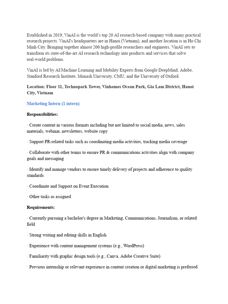 VinAI Marketing and Design Internships | PDF | Artificial Intelligence | Intelligence (AI ...