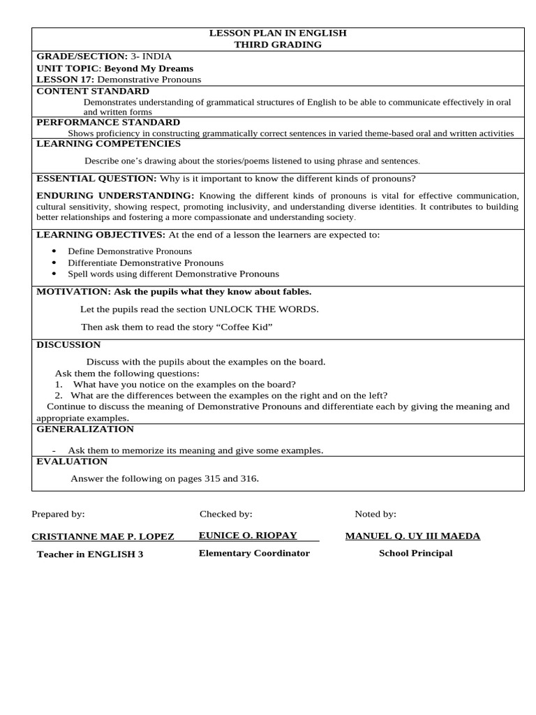 LESSON PLAN IN ENGLISH 3 - Quarter 3 | PDF | English Language | Pronoun