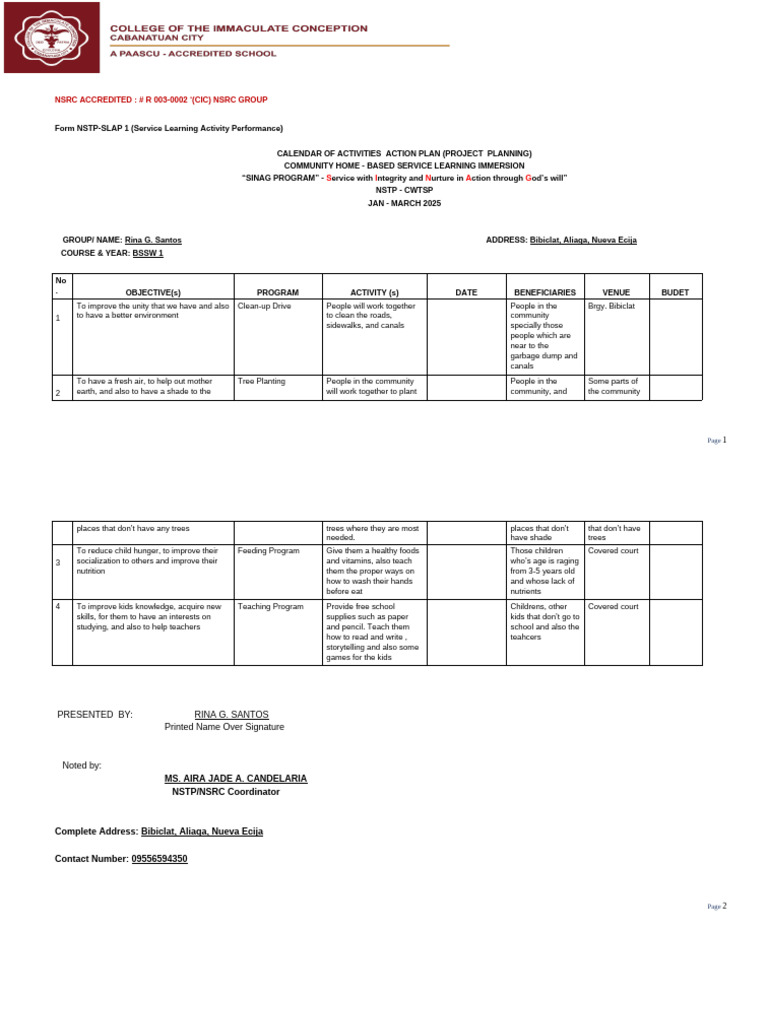 T. 1 NSTP Calendar of Activities Plan of Action | PDF | Nutrition ...