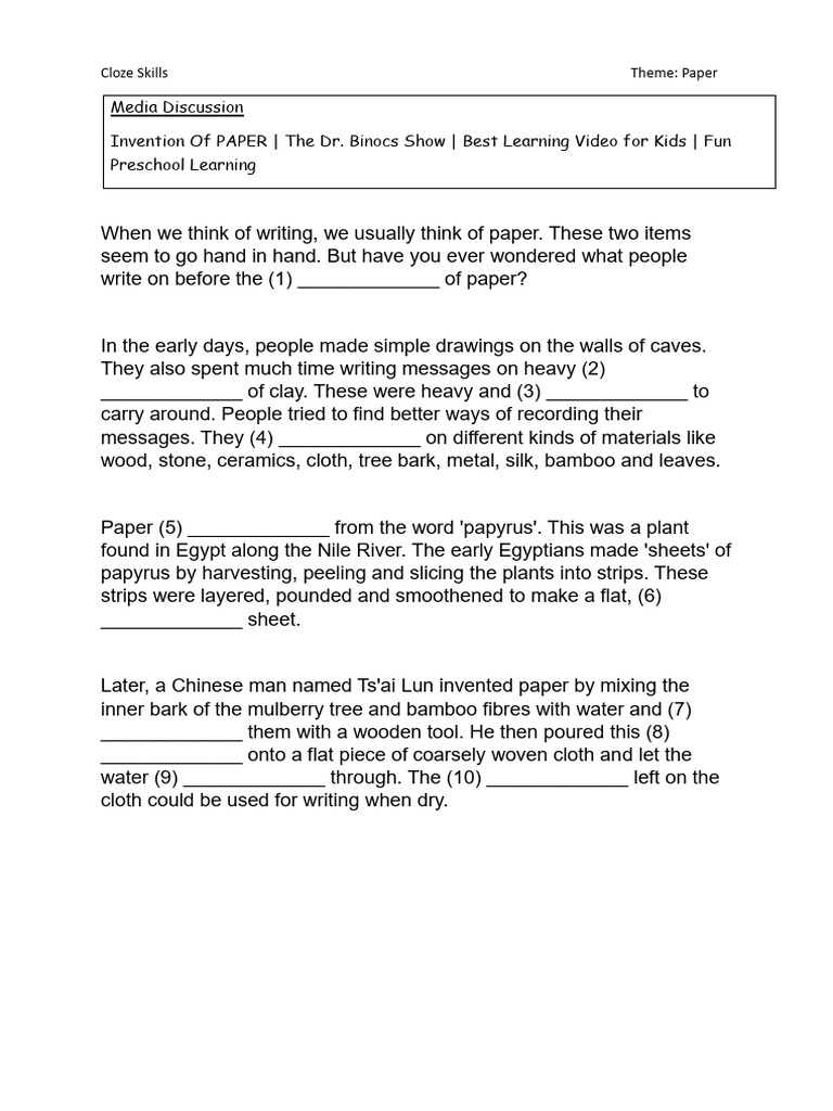 Comprehension Cloze Skills Theme-Paper Prac 1 | PDF