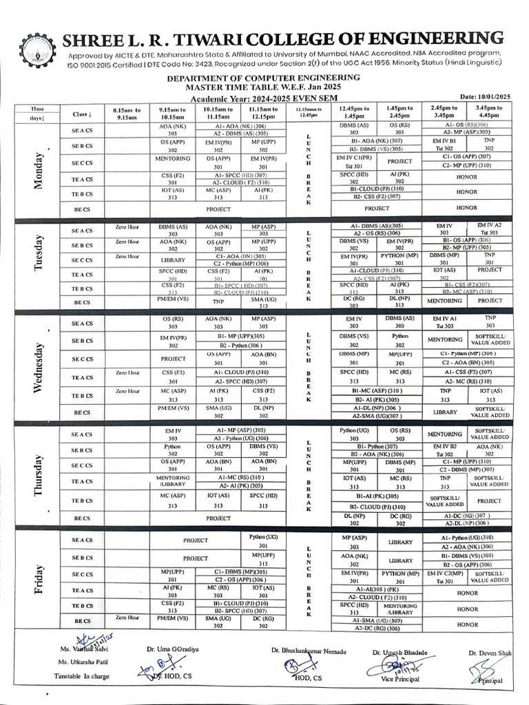 Master Time Table Even Sem 2024-25 | PDF