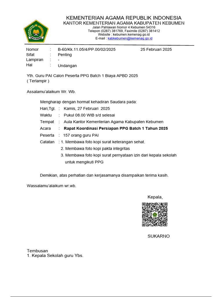 Undangan Rapat PPG Batch 1 2025 | PDF