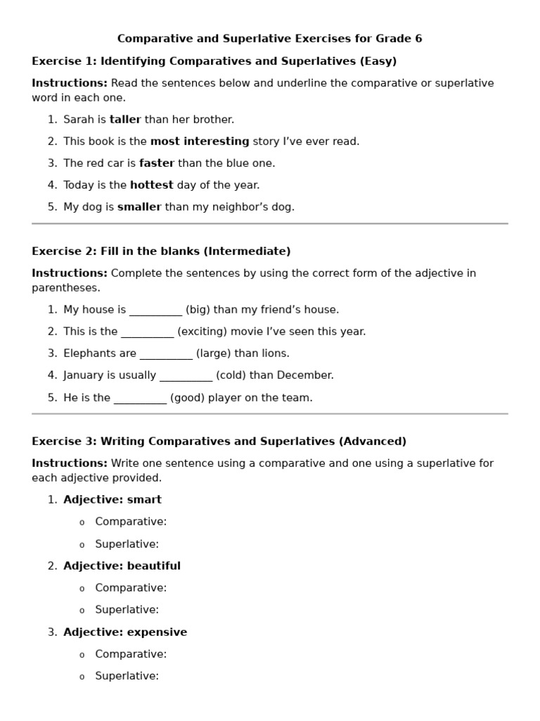 Comparative and Superlative Exercises For Grade 6 | PDF | Adjective ...