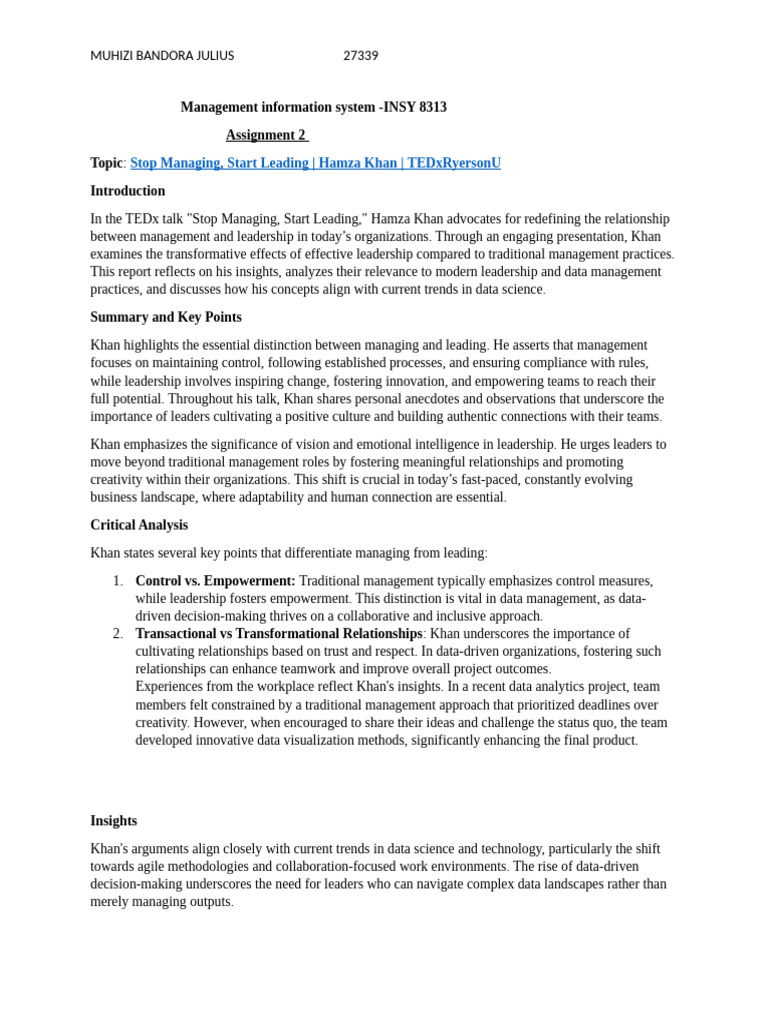 Management Information System Assign 2 | PDF | Leadership | Creativity
