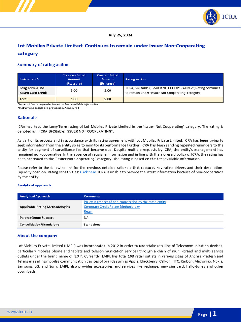 Lot Mobiles Pvt Ltd Rating Update | PDF | Credit Rating Agency | Smartphone