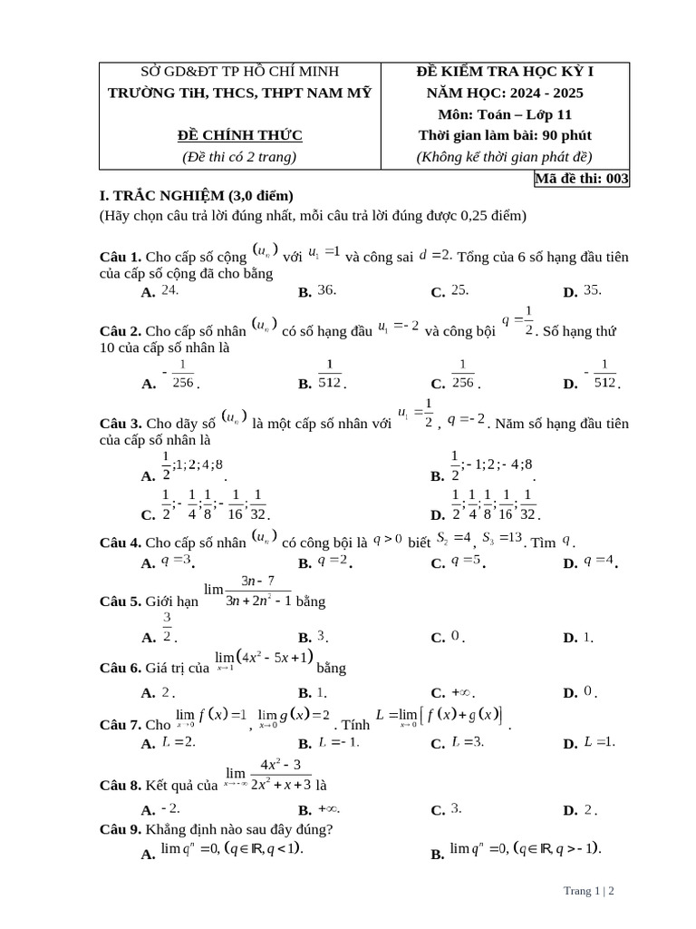 De Kiemtra Cuoi Hk1-Toan-K11-Made 003 | PDF