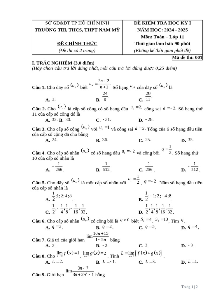 De Kiemtra Cuoi Hk1-Toan-K11-Made 001 | PDF