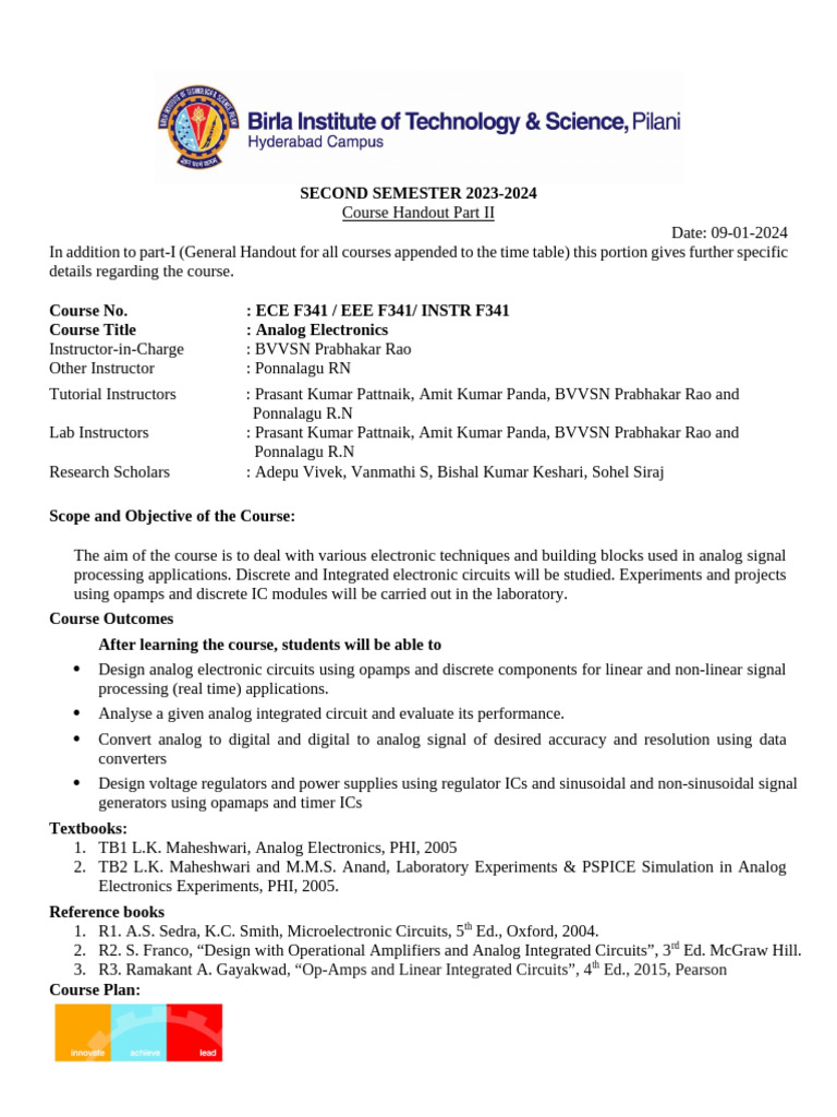 ECE (EEE) (INSTR) F341 - Analog Electronics - Handout - II-Sem-2023 - 2024 | PDF | Operational ...