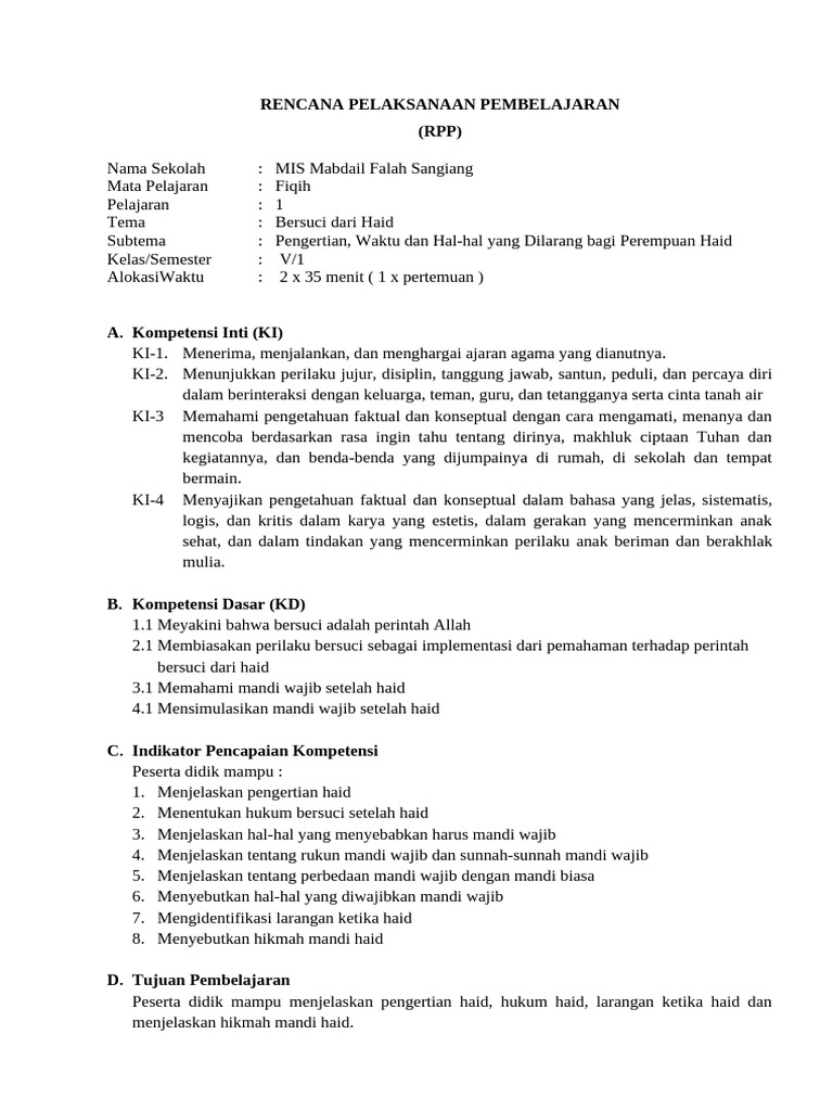 RPP Fiqih Kelas 5 Semester 1 Tahun 2021 | PDF