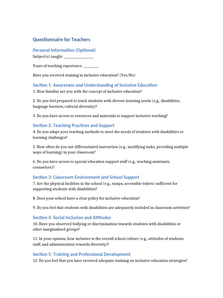 Teacher Questionnaire on Inclusive Education | PDF