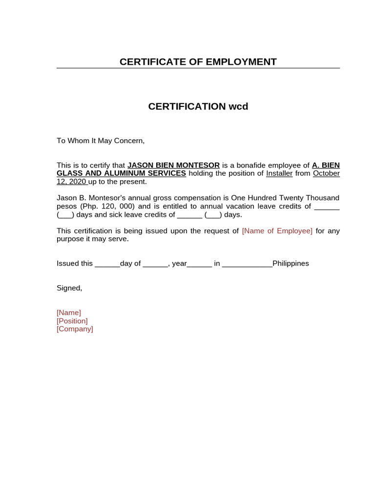 C0016 Certificate of Employment With Compensation Info | PDF