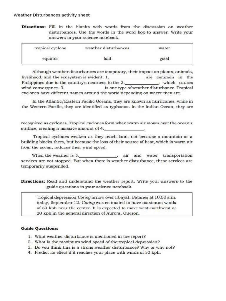 Weather Disturbances Activity Sheet | PDF