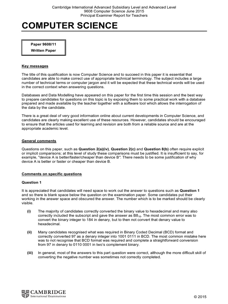 Cambridge 9608 Computer Science Report | PDF | Decimal | Binary Coded ...