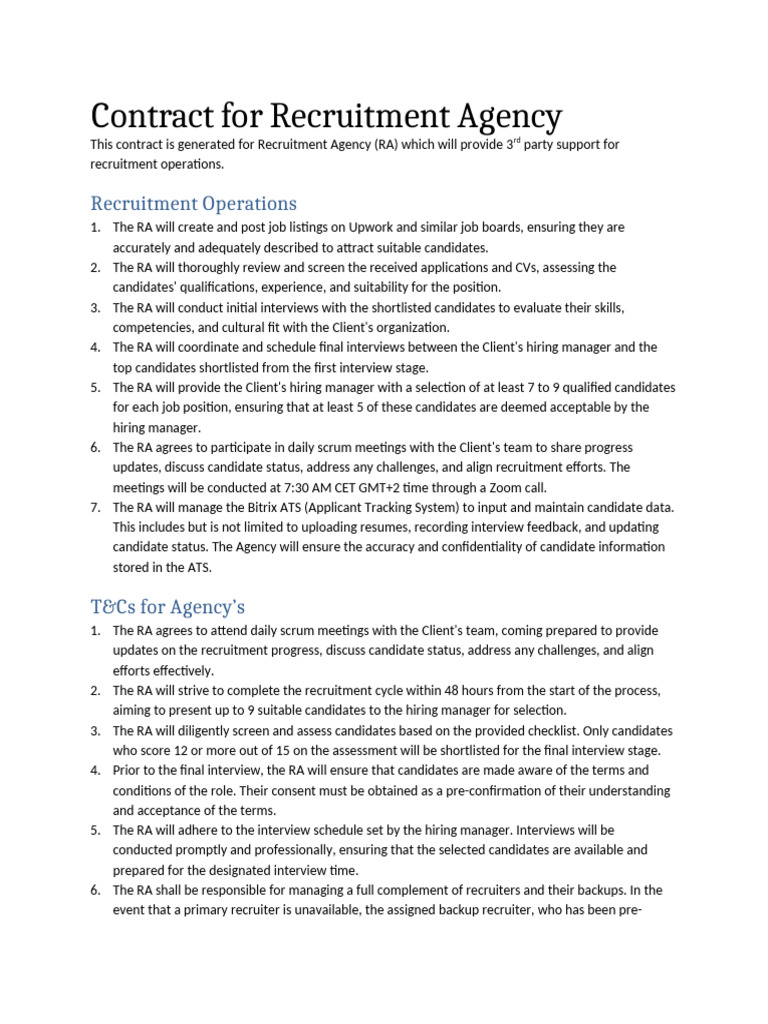 Model Contract For Recruitment Agency - NT Revised | PDF | Recruitment ...