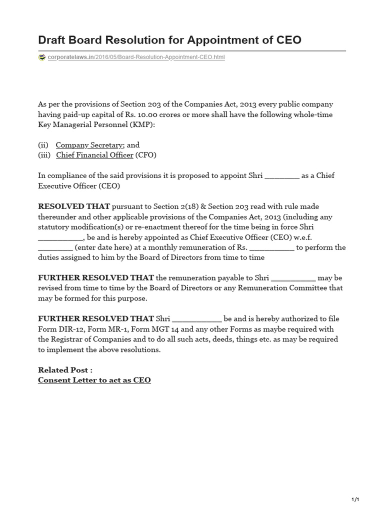 Corporatelaws - In-Draft Board Resolution For Appointment of CEO | PDF